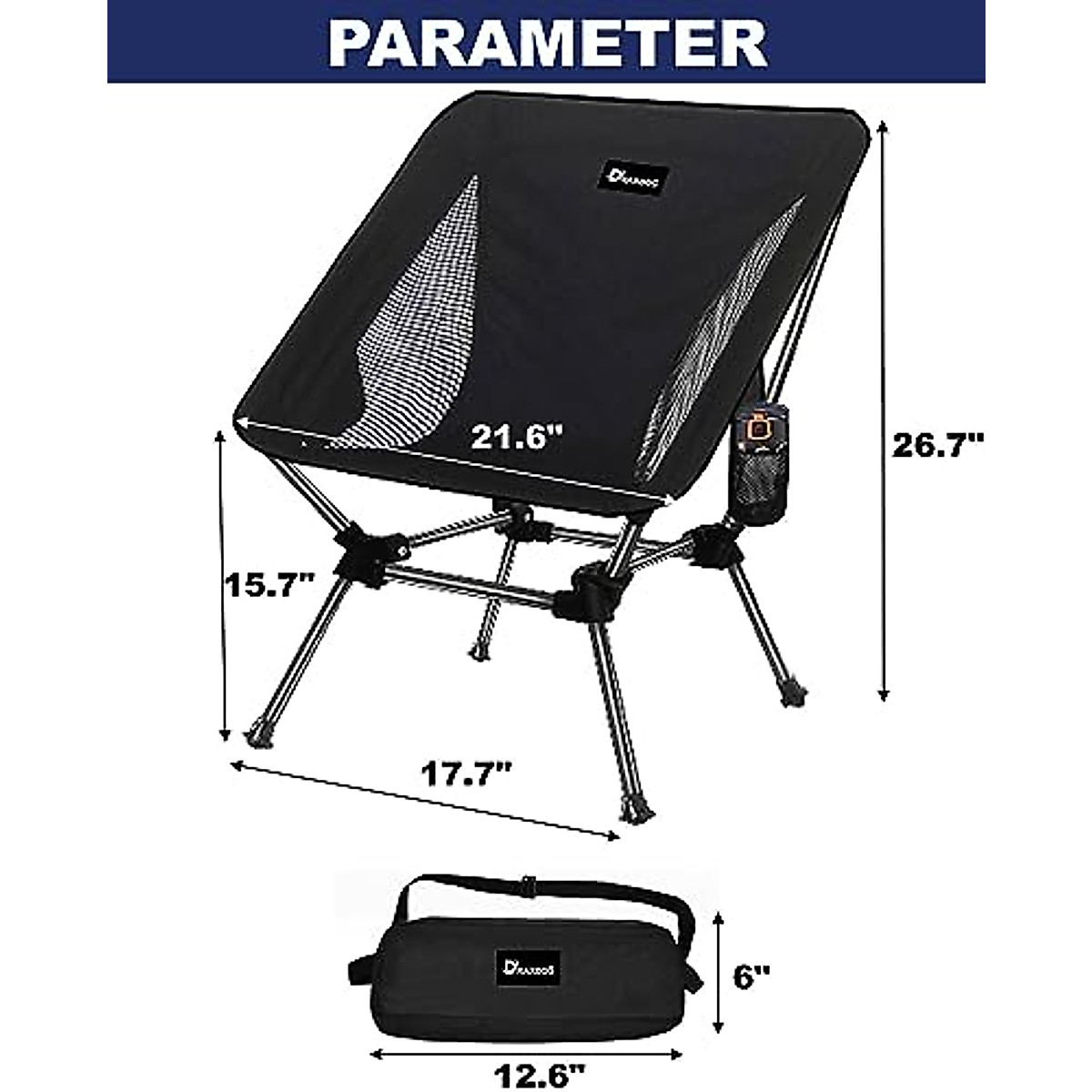 DRAXDOG Camping Chair, 2 Way Compact Backpacking Chair, Portable Folding Chair, Beach Chair with Side Pocket, Lightweight Hiking Chair Low Back Chair 002 (Black Set)