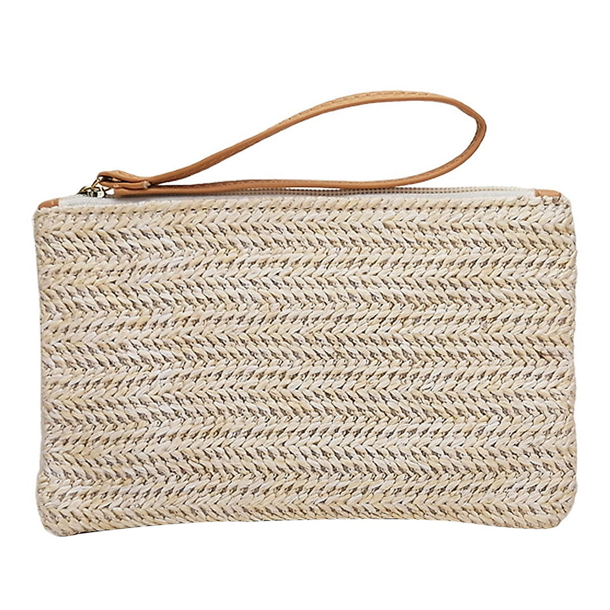 ZLM BAG US Natural Straw Boho Purse Zipper Wristlet Wallet Handwoven Beach Clutch Bag Off White