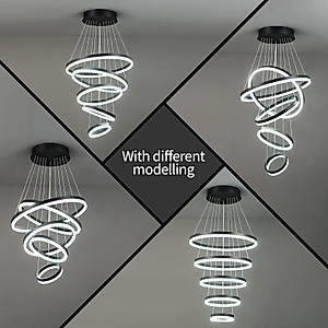 zhllmq Modern LED Chandelier Lighting 5 Rings Black Chandelier Contemporary Ceiling Pendant Light Fixture for Staircase Foyer High Ceiling Living Room 6000K Cool White