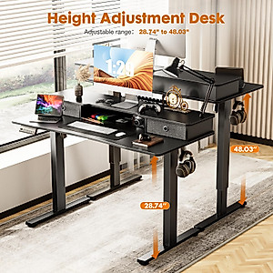 Sweetcrispy Height Adjustable Electric Standing Desk with Storage Shelf Double Drawer, 40 x 24 Inch Stand up Desk, Sit Stand Desk with Splice Board