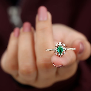 Created Emerald and Diamond Vintage Flower Engagement Ring | AAAA Quality, 14K Rose Gold, Size:US 10.50