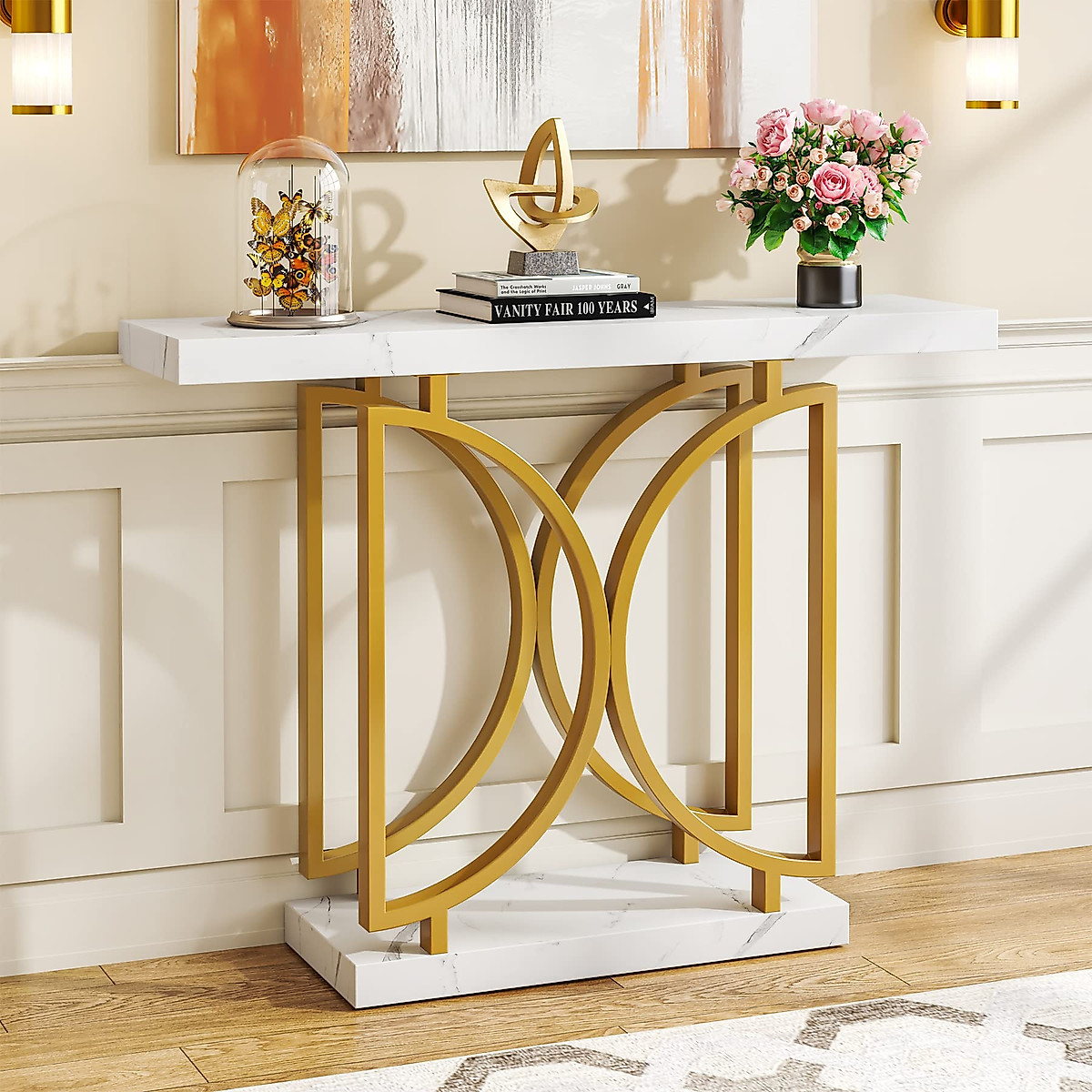 Tribesigns Gold Console Table, 39 Inch Entry Sofa Table with Double D-Shaped Metal Base, Contemporary Accent Table with Faux Marble Veneer for Entryway, Hallway, Entrance, Living Room