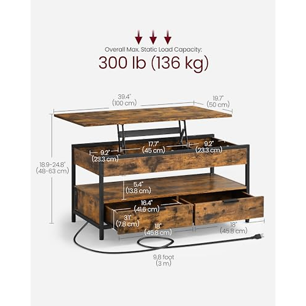 VASAGLE Lift Top Coffee Table with Storage Drawers and Charging Station, Coffee Table for Living Room with Lifting Top, Hidden Compartments and Open Shelf, Rustic Brown and Ink Black ULCT206B01