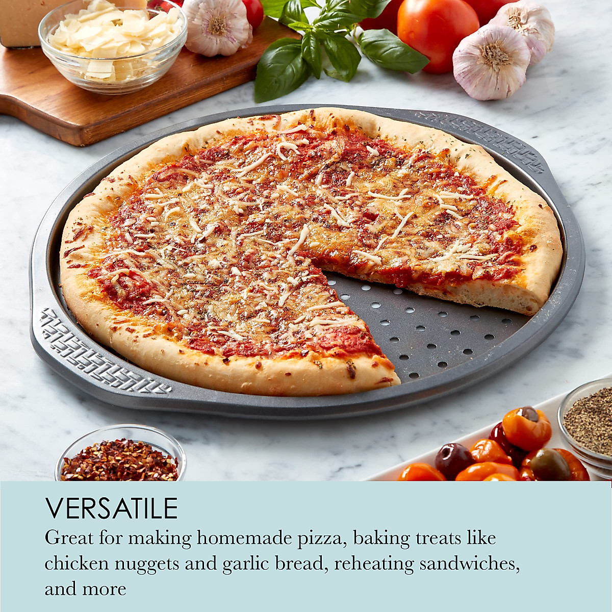 Chicago Metallic Everyday Non-Stick Pizza Crisper. Perfect for making homemade pizza, baking frozen treats reheating meals, and more