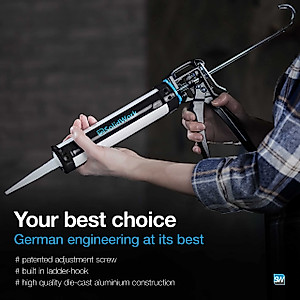 SolidWork Professional Drip-Free Caulk Gun with Ergonomic Steel Handle, up to 1/10 Gallon Cartridge, Adjustable 24:1 Thrust Ratio 1/10 Gallon Cartridge | Black Caulking Gun