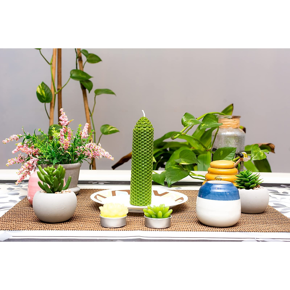 Phyther 100% Natural Beeswax Pillar Candles (6 x 1.25-1.5 inches). Unscented, Honeycomb Pattern Candlestick for Table Centerpiece Décor. Green (2 pcs)