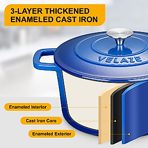 Velaze 6 QT Enameled Dutch Oven Pot with Lid, Cast Iron Dutch Oven with Dual Handles for Sourdough Bread Baking, Cooking, Non-stick Enamel Coated Cookware (Blue)
