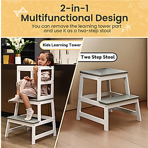 Saihony Standing Tower for Toddler, Kids Kitchen Step Stool Toddler Standing Tower Helper for Kitchen Counter and Bathroom Sink, Wooden Kids Montessori Learning Standing Stool with Safety Rail White