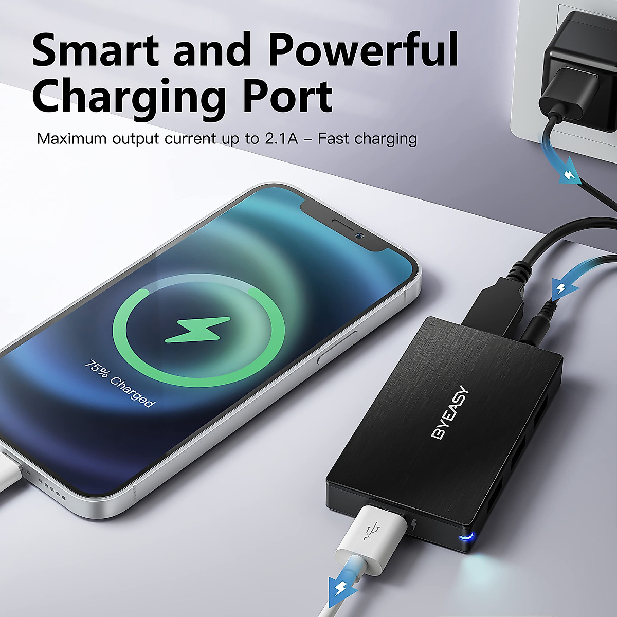 Universal Powered USB Hub, BYEASY Aluminum 3 Ports USB 3.0 Hub and 1 USB Smart Charging Port with Power Adapter, Slim USB Splitter for iMac Pro, MacBook Air/Mini, PS5, Surface Pro, Notebook PC, HDD