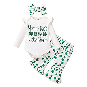 Shalofer Baby St Patricks Day Outfit Girl Newborn My First St Patrick's Day Bodysuit(Green-Flare pants,0-3 Months)