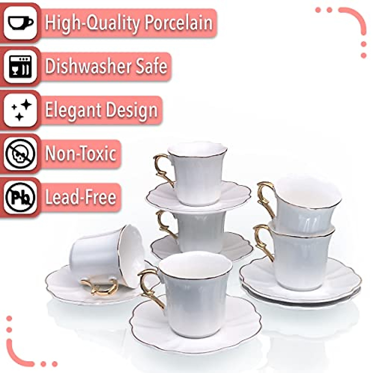 BTaT- Small Espresso Cups and Saucers, Set of 6 Demitasse Cups (2.4 oz) with Gold Trim and Gift Box, Small Coffee Cup, White Espresso Cup, Turkish Coffee Cup, Porcelain Espresso Cup