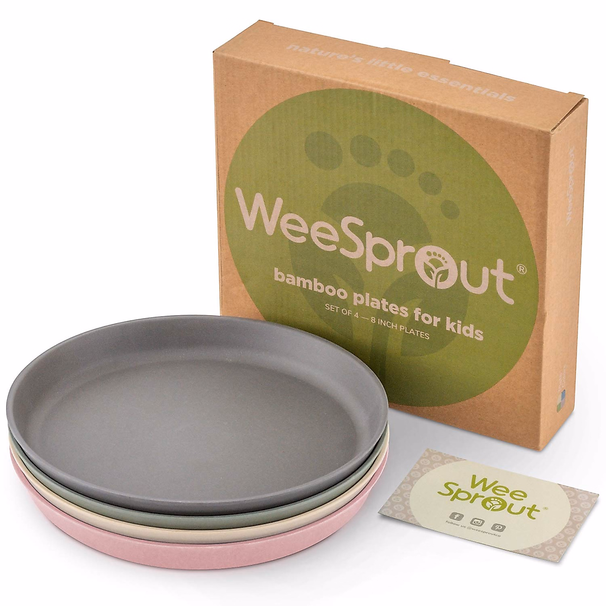 WeeSprout Bamboo Plates, Set of 4, Kid-Sized Bamboo Kids Plates, Dishwasher Safe Bamboo Plates for Kids (Pink, Green, Gray, & Beige)