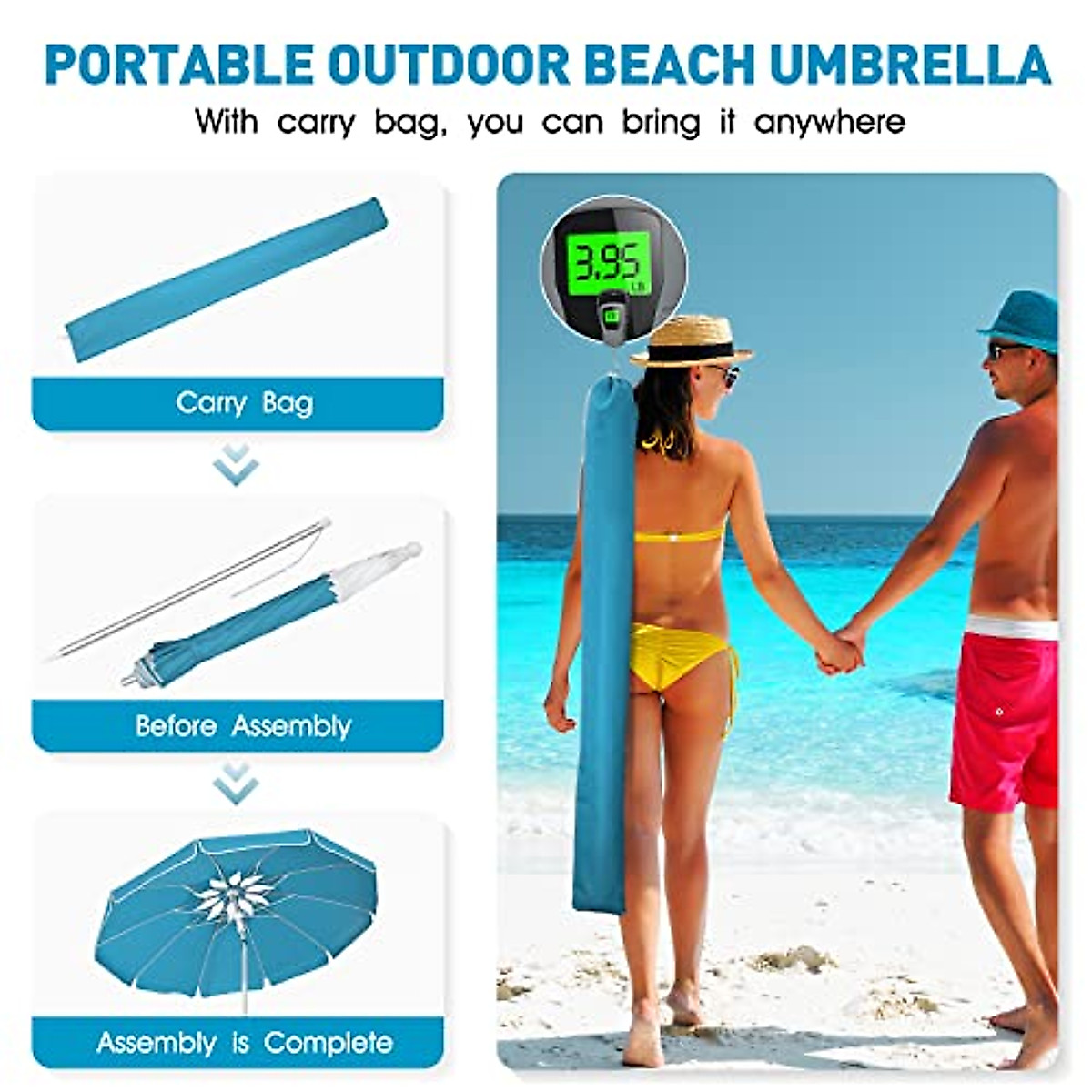 Portable Beach Umbrella for Sand: 7FT Arc Length 6.5FT Diameter Outdoor Umbrella with Anchor Heavy Duty and Adjustable Tilt Pole - UV 50+ Windproof Beach Umbrella with Carry Bag for Beach, Patio, Garden