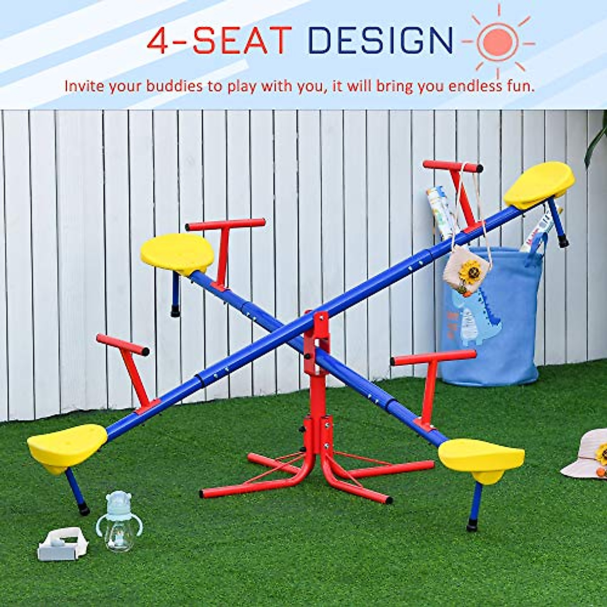 Outsunny Teeter Totter 4 Seat Outdoor Seesaw for Backyard Multiple Kids Playground Equipment Active Play