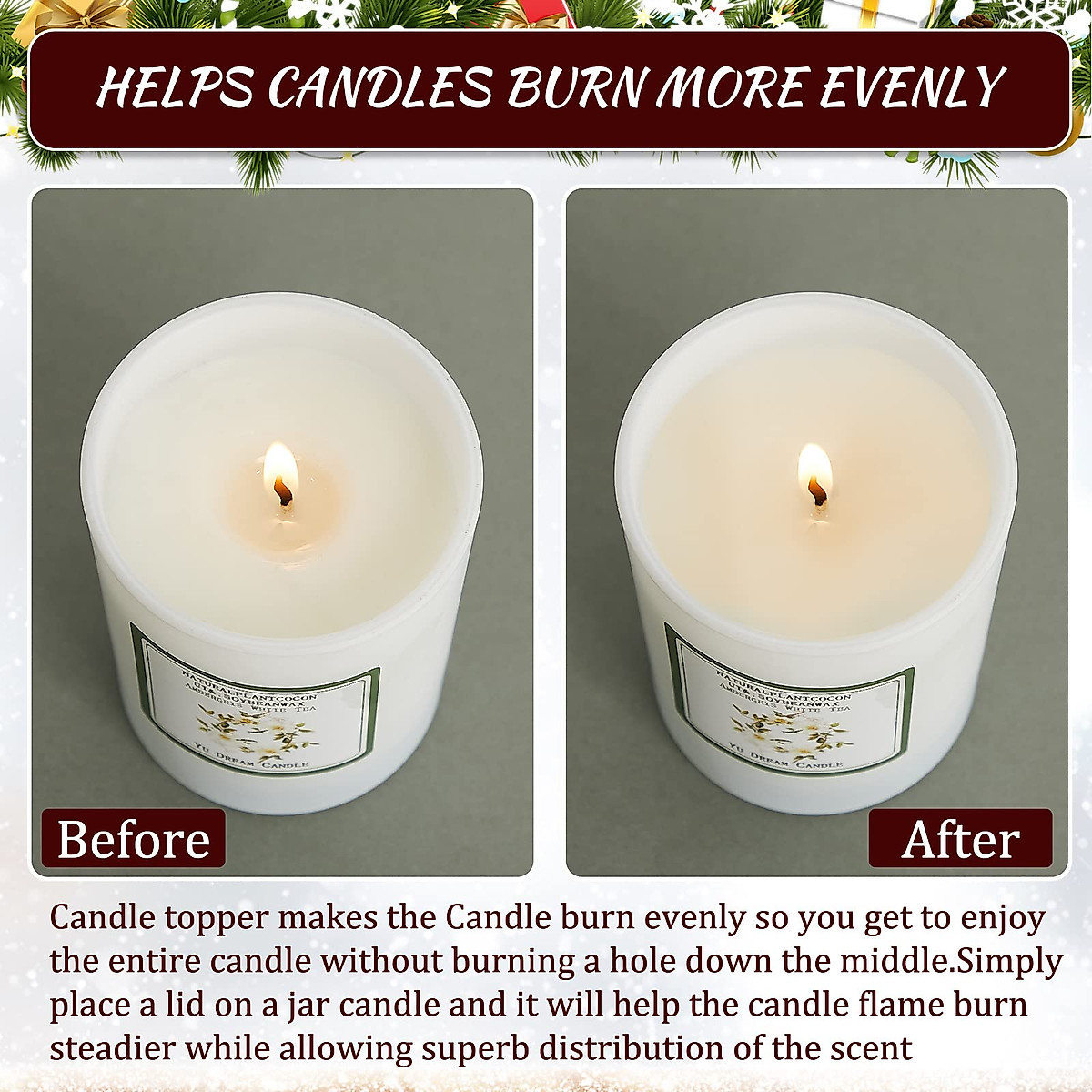 Moxweyeni 2 Pieces Candle Toppers to Burn Evenly Scented Jar Candles Cover 2.85 Inch Leaf Pine Candle Topper Lids Jar Candle Accessories Sleeves Gifts for Christmas Candles Party Favor(Chic Style)