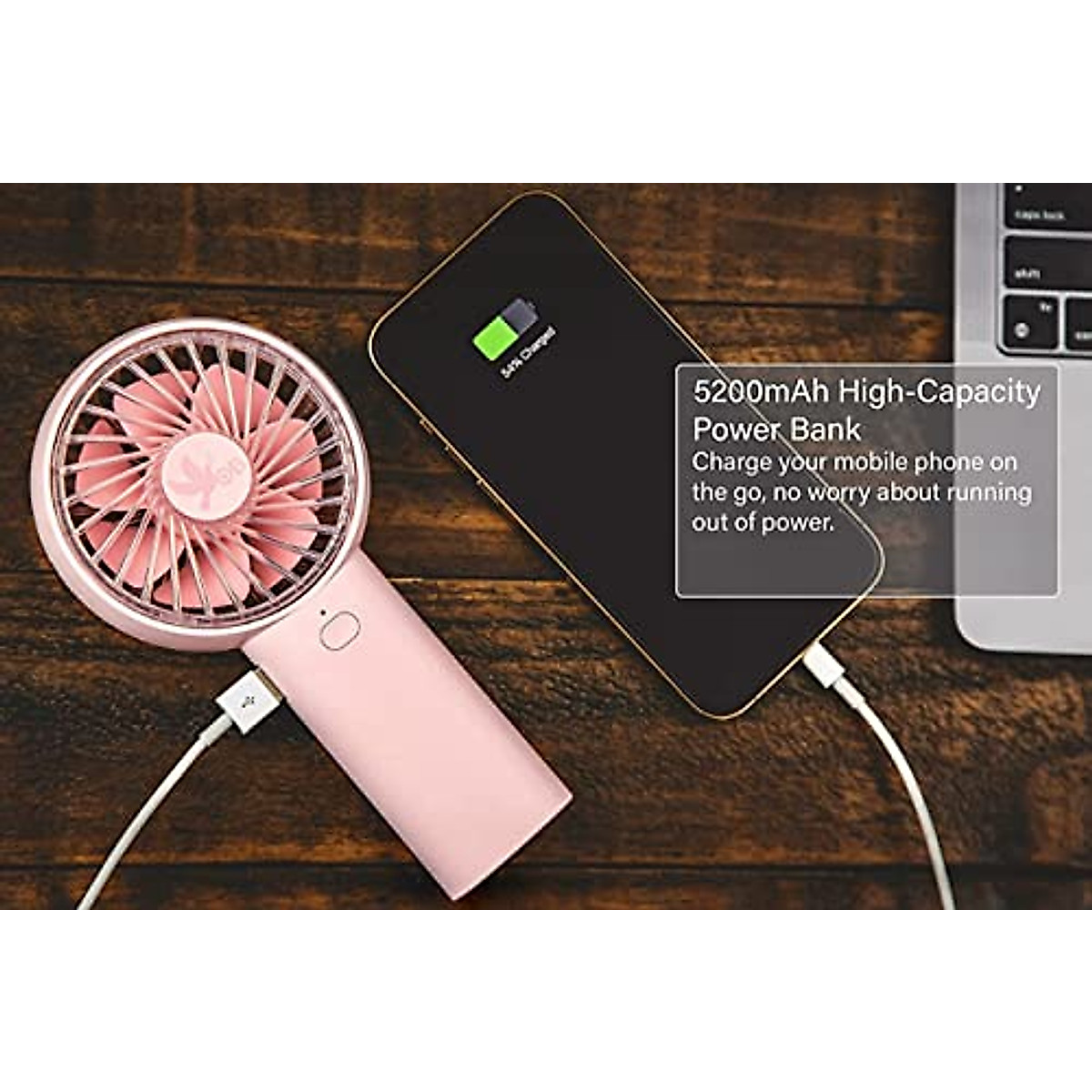 NEW! Mini Handheld Fan, USB Power Bank 5,200mAh, Small Personal Portable fan, Powerful 4 Speeds, Rechargeable Desk Fan, Eyelash Fan for Makeup, Angle adjustable, Kids Girls Women Men Indoor Outdoor Traveling. (Pink)