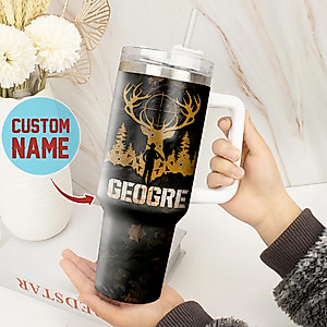 WAZONE Personalized Hunting 40oz Tumbler with Handle and Straw Lid Custom Name Wood Drawing Tumblers Stainless Steel Travel Cup for Father Dad Man Hunter Lover Gift Birthday Christmas Fathers Day