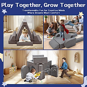 Kinevoli 10pcs Modular Kids Play Couch, Toddler Sectional Sofa for Playroom Bedroom, Convertible Foam and Floor Cushion for Boys & Girls, Gray