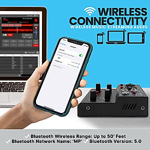 Pyle Professional Wireless DJ Audio Mixer - 2-Channel Bluetooth DJ Controller Sound Mixer w/USB Audio Interface, Combo Jack Microphone/Guitar XLR+6.35mm, 3.5mm Stereo In, Headphone Jack - PAD22MXUBT