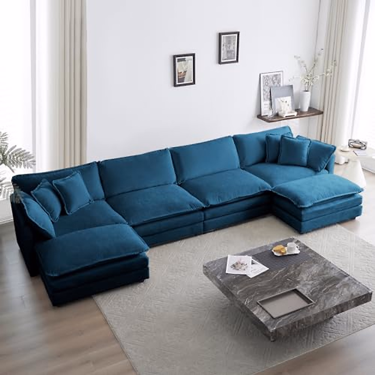 KIVENJAJA Oversized U-Shaped Modular Sectional Sofa, Modern Chenille 4-Seater Deep Seat Cloud Couch with 2 Ottomans/Chaises & 6 Pillows for Living Room Office, 146.5”W, Blue