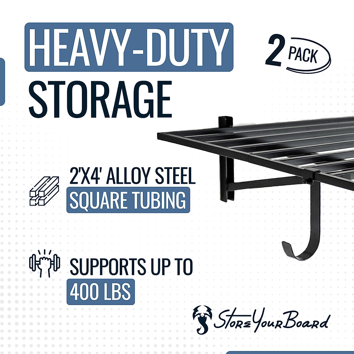StoreYourBoard 2 Pack Heavy Duty Garage Wall Shelves, 2' x 4' Wall Mount Storage Shelf with Hooks, Holds 200 lbs Each