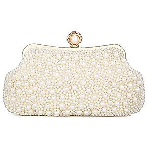 UBORSE Women Pearl Clutch Bead Rhinestone Evening Clutch Bag with removable Pearl Chain Ivory White