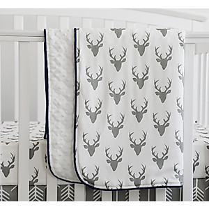Baby Boy Crib Bedding White Grey Woodland Arrow Antlers Deer Head Minky Blanket Navy Crib Sheet Deer Buck Crib Rail Bedding Set (Grey Arrow Deer Head, 3 Pieces Set)