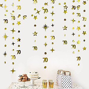 Gold 70th Birthday Decorations Number 70 Circle Dot Twinkle Star Garland Metallic Hanging Streamer Bunting Banner Backdrop for Women Mens 70 Year Old Birthday Seventieth Anniversary Party Supplies