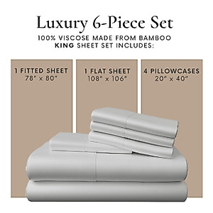 Bamboo Bay 6 Piece King Size Sheet Set, 100% Viscose Made from Bamboo, Breathable Ultra Soft Cooling Bed Sheets for Hot Sleepers, Beddings with Deep Pockets Fit 16" Mattress, Light Grey