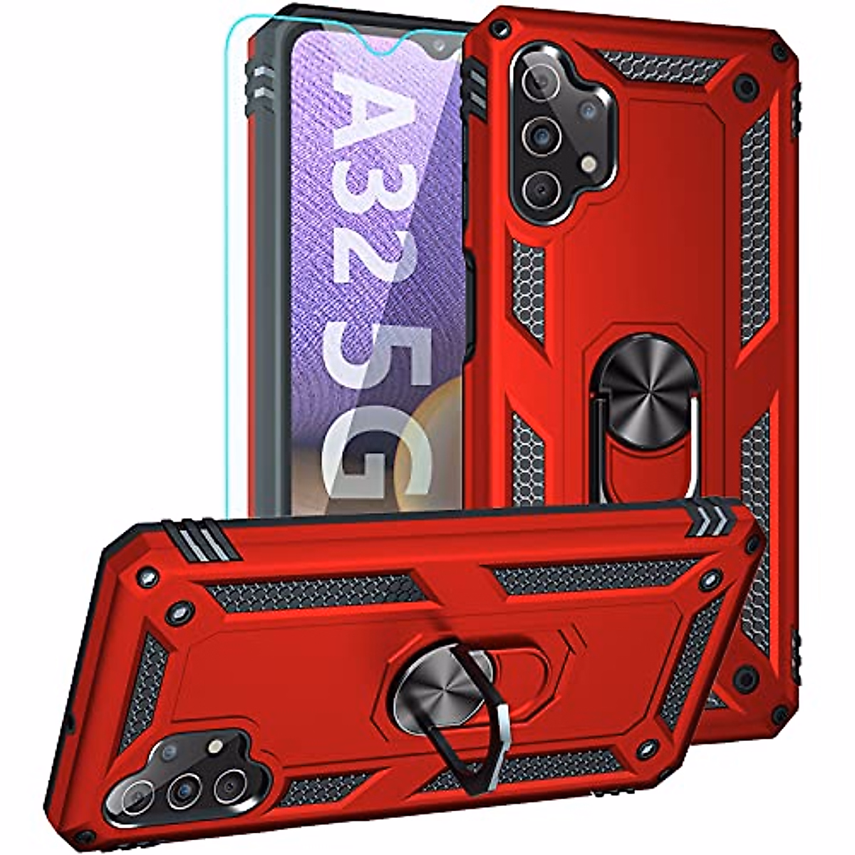 YZOK for Galaxy A32 5G Case,Samsung A32 5G Case, with HD Screen Protector,[Military Grade] Ring Car Mount Kickstand Hybrid Hard PC Soft TPU Shockproof Protective Case for Samsung Galaxy A32 5G (Red)