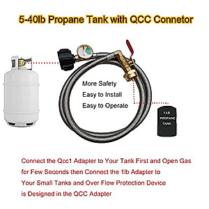 4FT/48 Inch Propane Refill Adapter Hose with Gauge Stainless Braided QCC1 Type Inlet Extension Propane Refill Hose with ON/Off Control Valve for 1LB Propane Gas Tank 350PSI High Pressure Camping