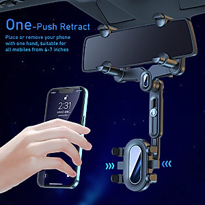 SINSEN Phone Mount for Car Rearview Mirror, Cell Phone Holder with Extra Vent Mounting Clip, 720° Rotatable Retractable Universal Fit, Eye Level Hands-Free GPS