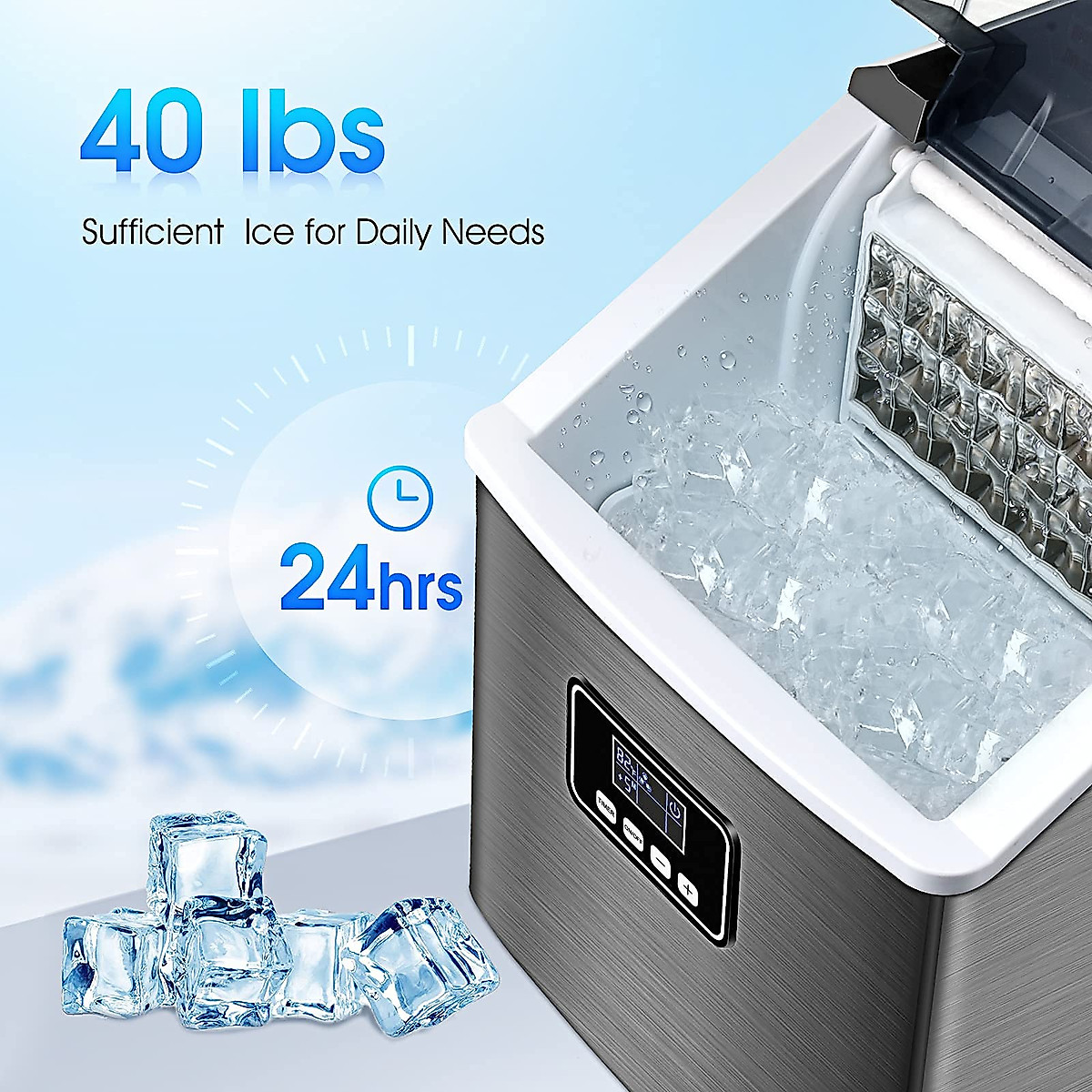 Portable Compact Ice Maker Machine Countertop With Scoop & Basket, 40Lbs/24H Auto Self-Cleaning,24 pcs Ice Cube in 13 Mins, ,Stainless Steel, Perfect for Home/Kitchen/Office/Bar (Black)