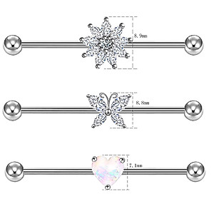 CHARM ONLINE 3PCS 14G Butterfly Flower Stainless Industrial Barbell Sparkly CZ Ear Industrial Piercing Bar for Women Men