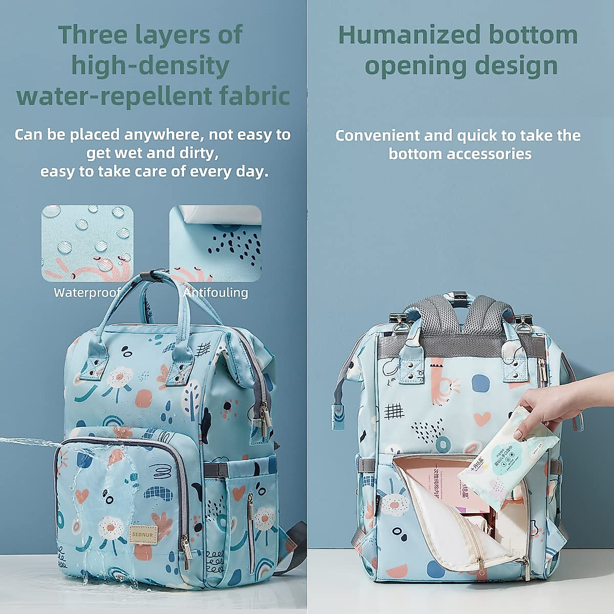 SEENUR Diaper Bag BackpackTravel Handbags Waterproof Diaper Tote with Large Capacity Bottle Insulation for Mom Dad(Sky Blue)