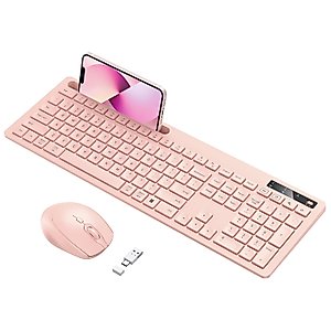 Wireless Keyboard and Mouse for MacBook, Vivefox Pink Wireless Keyboard with Phone Holder USB A & Type C Receiver Rose Gold Keyboard and Mouse for Windows, Mac, MacBook/Air/Pro Computer