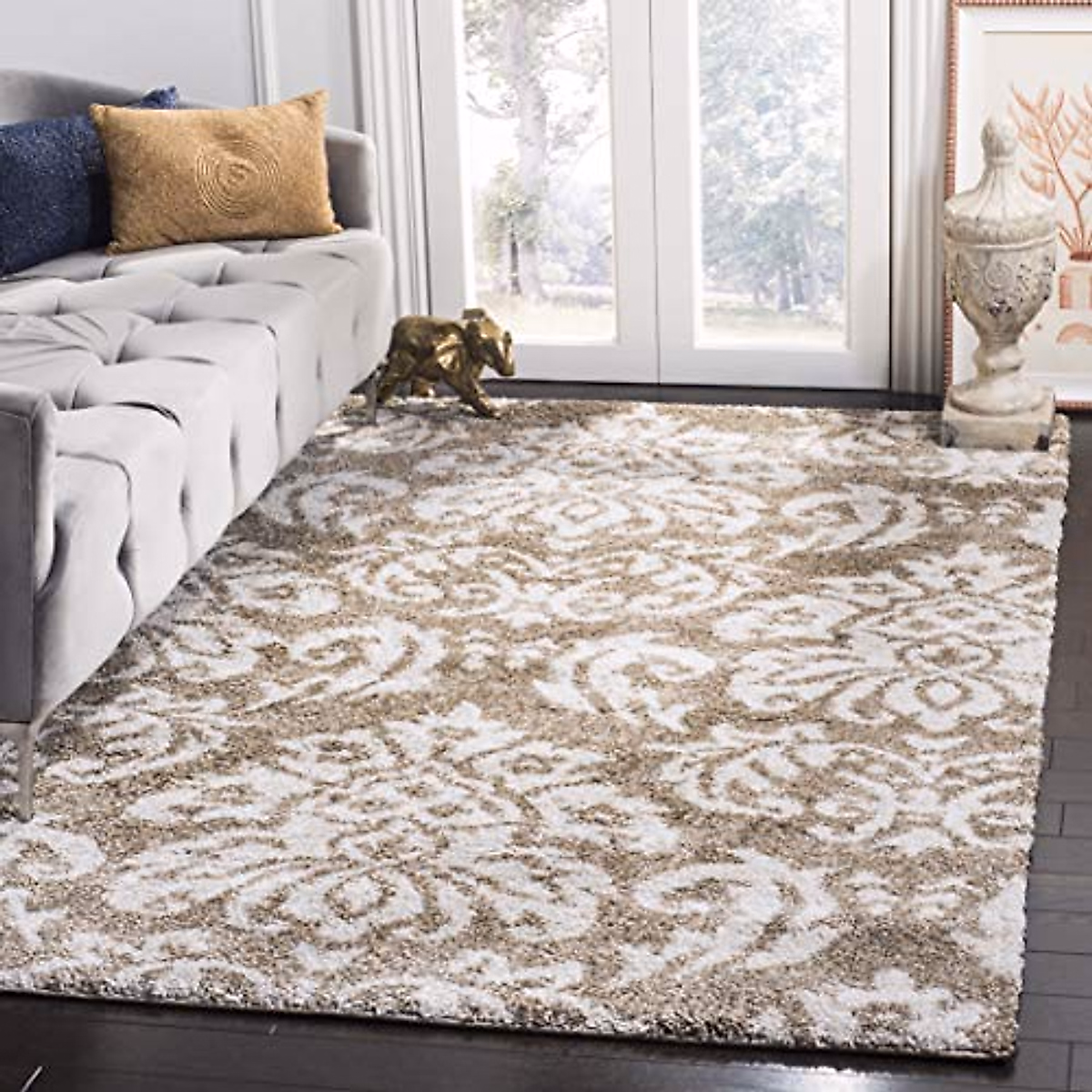 SAFAVIEH Florida Shag Collection 5'3" x 7'6" Beige/Cream SG460 Damask Non-Shedding Living Room Bedroom Dining Room Entryway Plush 1.2-inch Thick Area Rug