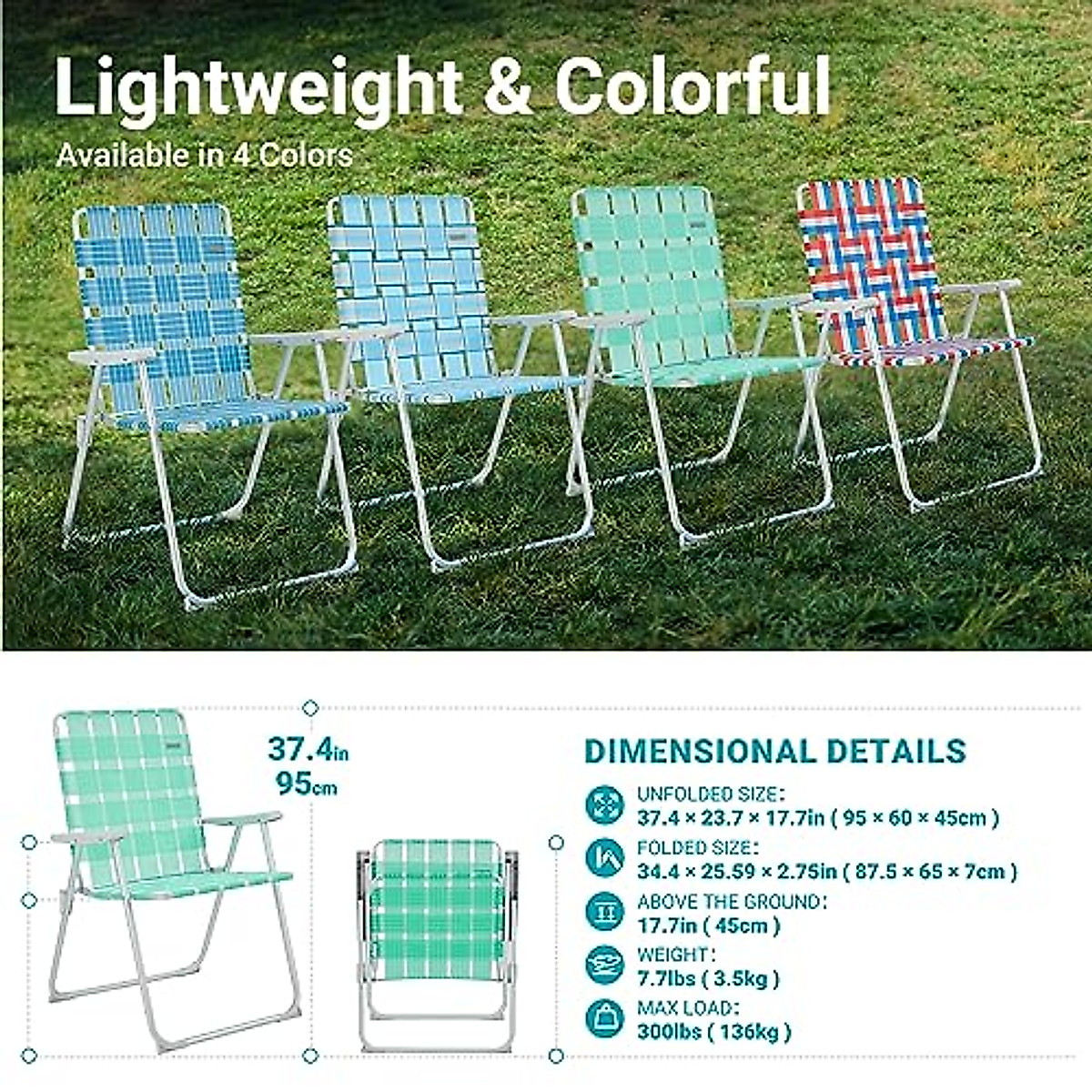 #WEJOY Anti-tip Over Folding Webbed Lawn Chair, Oversized 17-in High Beach Chair for Adults Heavy Duty,Aluminum High Seat Camping Chair for Elder Outdoor Garden Park Backyard(Cyan/Grey)