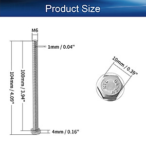 Heyiarbeit M6 Hex Bolt M6-1 x 100mm Hex Bolt UNC Hex Head Screw Bolts 304 Stainless Steel Fully Threaded Hex Tap Bolts 8pcs