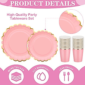 Yaomiao 168 Pcs Disposable Dinnerware Set Party Supplies, Scalloped Paper Plates Cups Napkin with Gold Foil Plastic Forks Knives Spoons Serve 24 Guests for Birthday Baby Shower (Pink,Round)