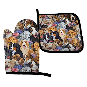 Dujiea Home Kitchen Oven Mitts and Potholders Set, Dogs Garden Puppies Heat Resistant Waterproof Non Slip BBQ Gloves Hot Pad Set for Baking Cooking Grilling