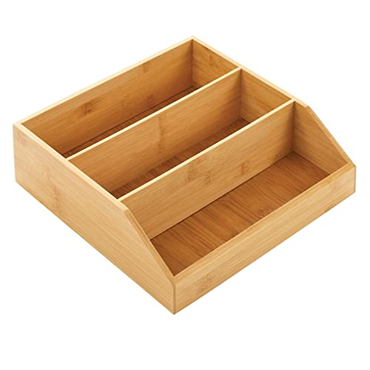 mDesign Wide Bamboo Wood Food Storage Bin with Divided 3 Compartments and Sloped Front for Kitchen Cabinet, Pantry, Shelf to Organize Seasoning Packets, Powder Mixes, Spices, Snacks - Natural