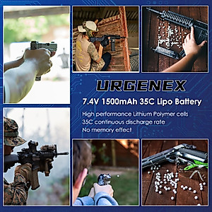 URGENEX Airsoft Battery 7.4V 1500mAh 35C High Discharge Rate Lipo Battery Pack with Deans T Plug Rechargeable 2S Lipo Battery for Airsoft Model Guns