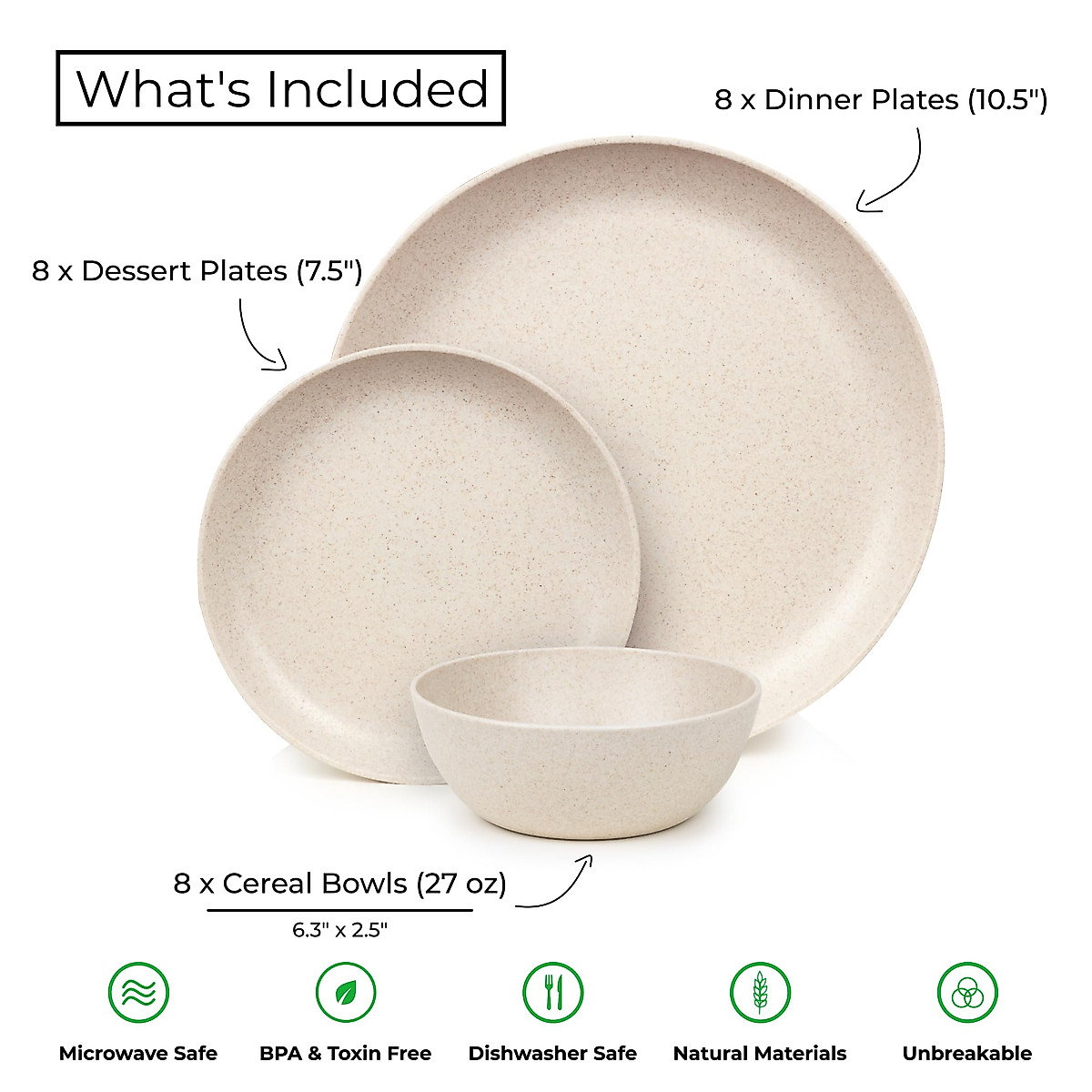Grow Forward 24-piece Premium Wheat Straw Dinnerware Sets for 8 - Dinner Plates, Dessert Plates, Cereal Bowls - Unbreakable Microwave Safe Plastic Plates and Bowls Sets, RV, Camping Dishes - Sahara