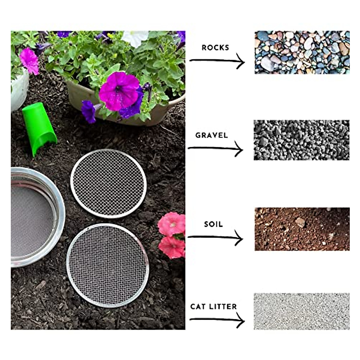 SOIL SIFTER Garden Sieve Sifting - Stainless Sieve,Φ9.5in Interchangeable Pan Contain 3 Specification Sieve,Soil Scoops Dirt for Soil,Peat Moss and More., Silver
