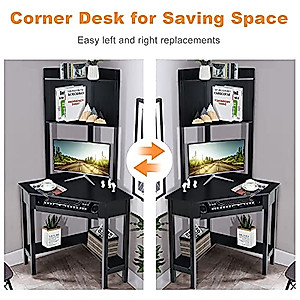 IFANNY Corner Computer Desk with Hutch, Triangle Corner Desk w/Keyboard Tray and Bookshelves, Corner Writing Desk with Storage Shelves, Small Corner Desks for Small Spaces (Black)
