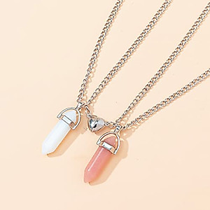 Fuqimanman2020 2 Pcs Crystal Split Heart Matching Pendant Necklace Best Friend Friendship Necklace Love Heart Natural Stone Chakra Necklace-pink white