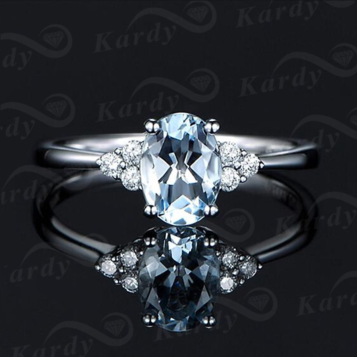 Kardy Fashion Gemstone Sea Blue Aquamarine Oval Cut 14K White Gold Engagement Women's Diamond Band Ring Set