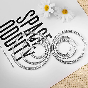 5 Pairs Large Crystal Hoop Earrings Set Big Shiny 3-7 cm Round Party Earrings Lightweight Rhinestone Hoop Earrings for Women Jewelry (Silver)