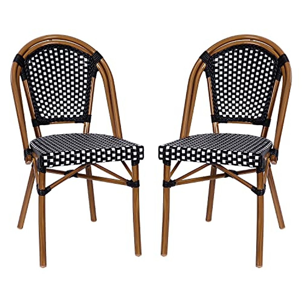 Flash Furniture Bordeaux Set of 2 Indoor/Outdoor Commercial French Bistro Stack Chairs - Black/White PE Rattan Back and Seat - Natural Bamboo Print Aluminum Frame